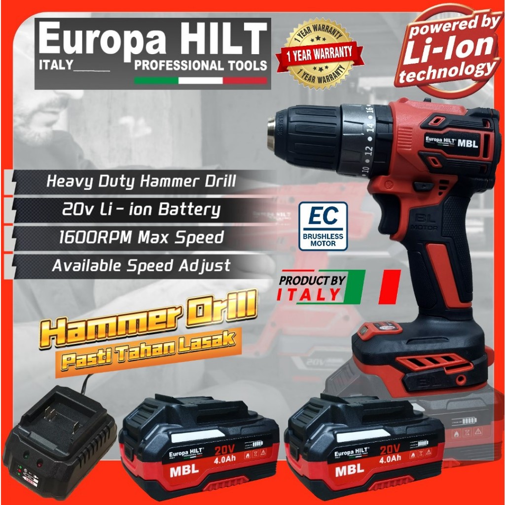 Europa HILT ITALY MBL20HD-10 20v Cordless BrushLess Hammer Drill Bateri ...