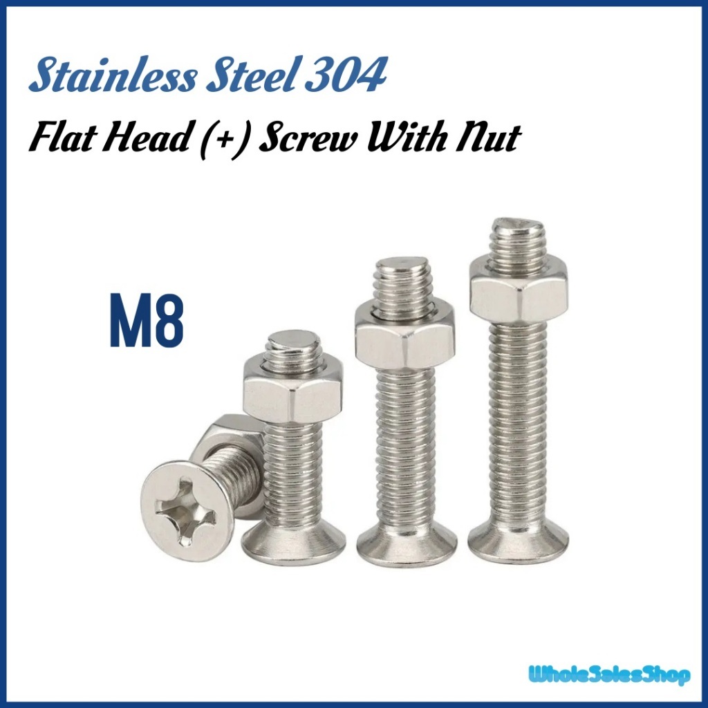[20PCS]M8 Stainless Steel 304 Screw With Nut Flat Head Phillips Screw ...