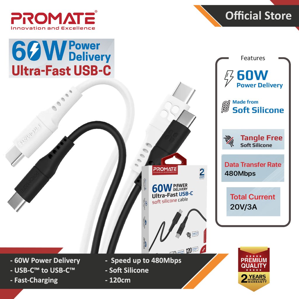 Promate USB-C to C Cable Ultra-Fast 60W Power Delivery Cable with Sync ...