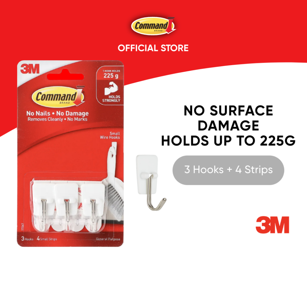 3M™ Command™ Wire Hooks, 17067, Holds Up to 225g, 3 hooks + 4 strips, Small, For organizing and ...