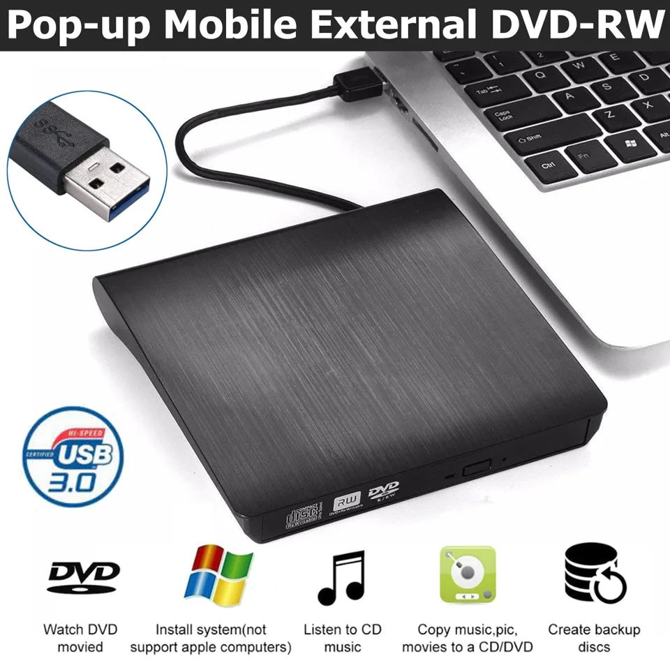 Portable USB 3.0 DVD-ROM CD ROM Optical Drive External SlimDisk Reader ...