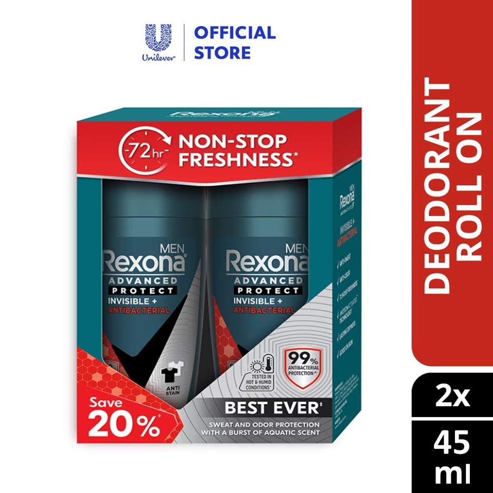 Rexona Men Roll On Deodorant Invisible + Antibacterial (2 x 45ml) | Shopee Malaysia