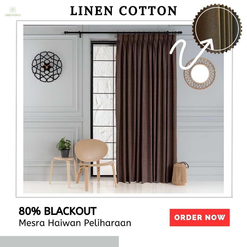 Langsir Linen Cotton 80% Blackout Warna Dark Brown Anti Cakar Ready ...