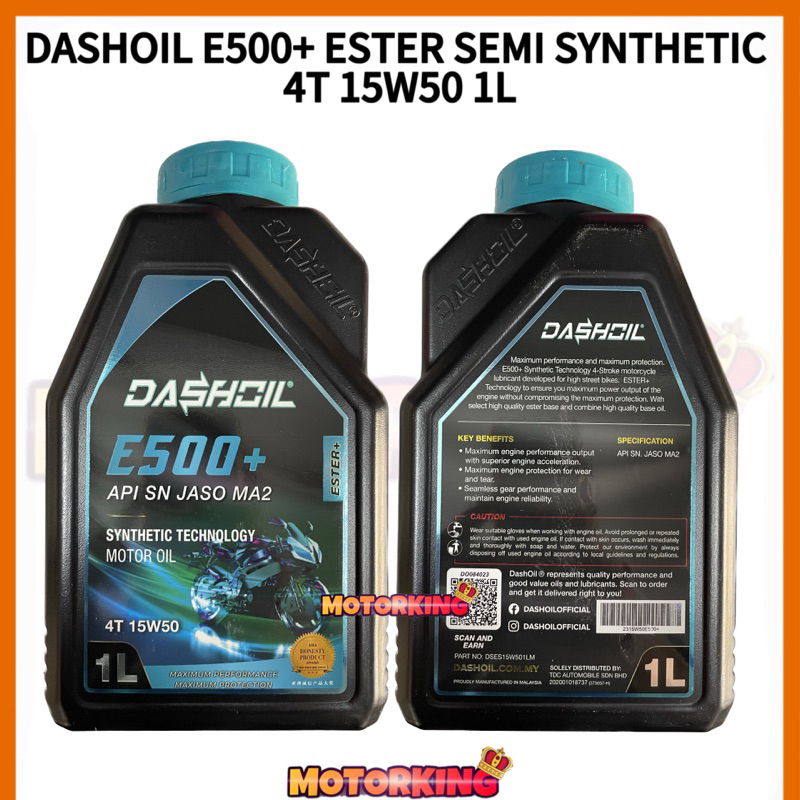 DASH OIL E500+ ESTER PLUS SEMI SYNTHETIC 15W50 4T 1LITER MINYAK HITAM ...