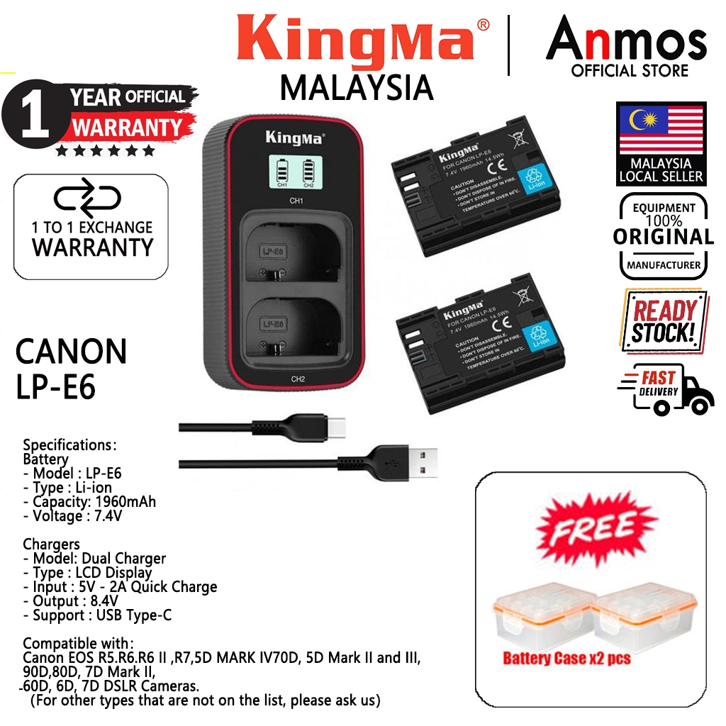 KingMa LP-E6 & LP-E6NH Battery + LCD Dual Charger For Canon EOS R 90D ...