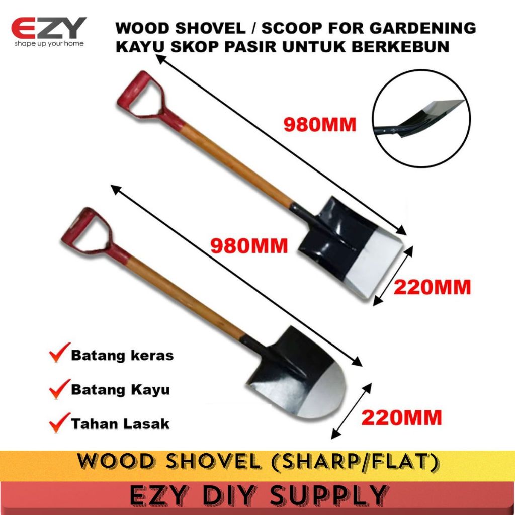 (1PCS) Gardening Spade Shovel Flat Sharp With Wooden Handle / Cangkuk ...