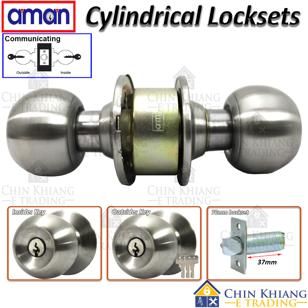 Aman SR3996 Cylindrical Communicating Lock Door Knob Set Satin St Steel ...