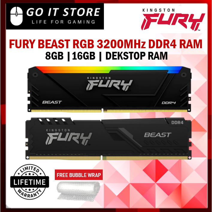 Kingston Ram FURY BEAST RGB DDR4 3200MHz Gaming RAM (8GB / 16GB/32GB) KF432C16BB/8 KF432C16BB/16 ...
