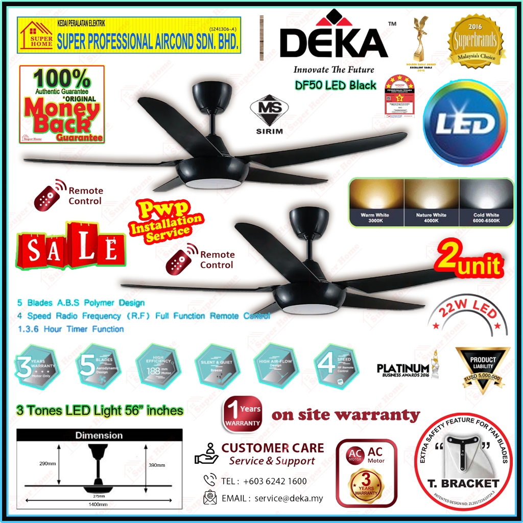Deka LED Light Ceiling Fan DF50 LED 3 Tones Color LED Light 56 inch 5 ...