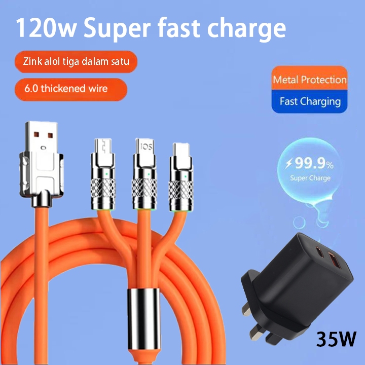 35 Watt Charging Adaptor PD 3 in 1 120W Super Fast Charge Cable Type-C ...