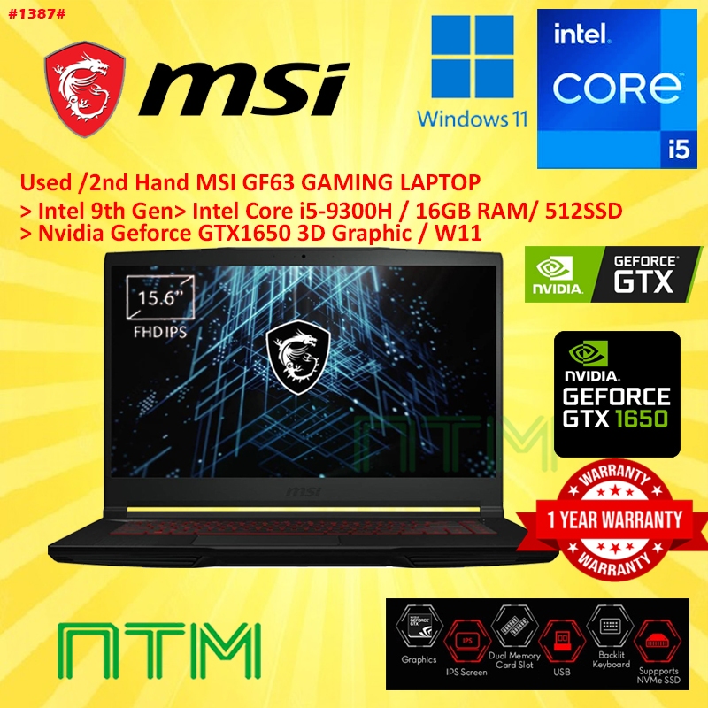 #1387 Used/ Second Hand / MSI GF63 9th I5-9300H 16GB 512GB SSD GTX1650 ...