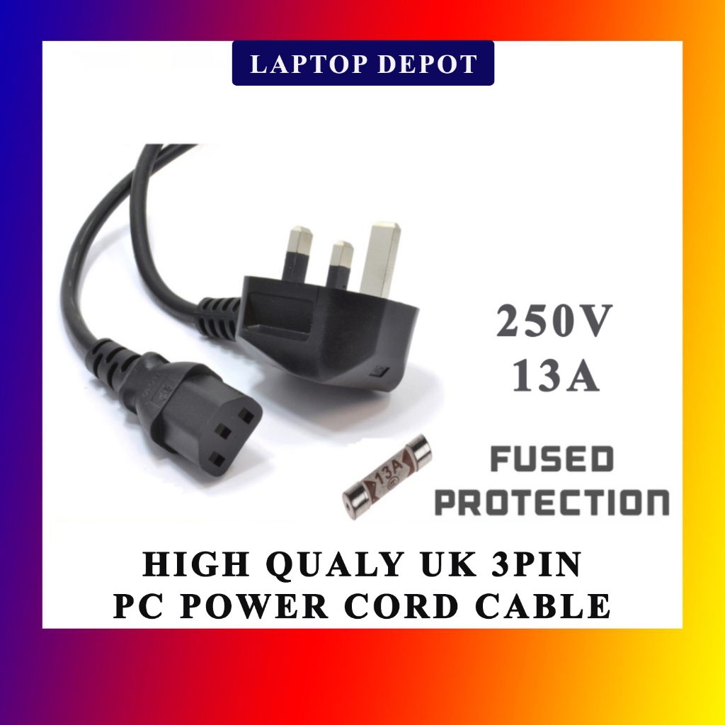 PREMIUM QUALITY UK 3 Pin 250V 13A Fused Protection PC Power Cable ...