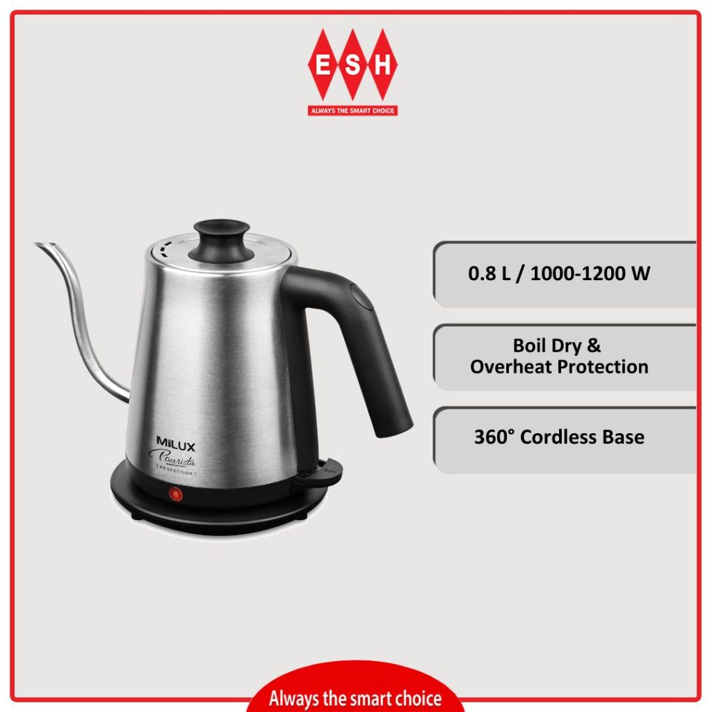 Milux MBK-080S 0.8L 1200W Brew Kettle (Stainless Steel) | ESH | Shopee Malaysia