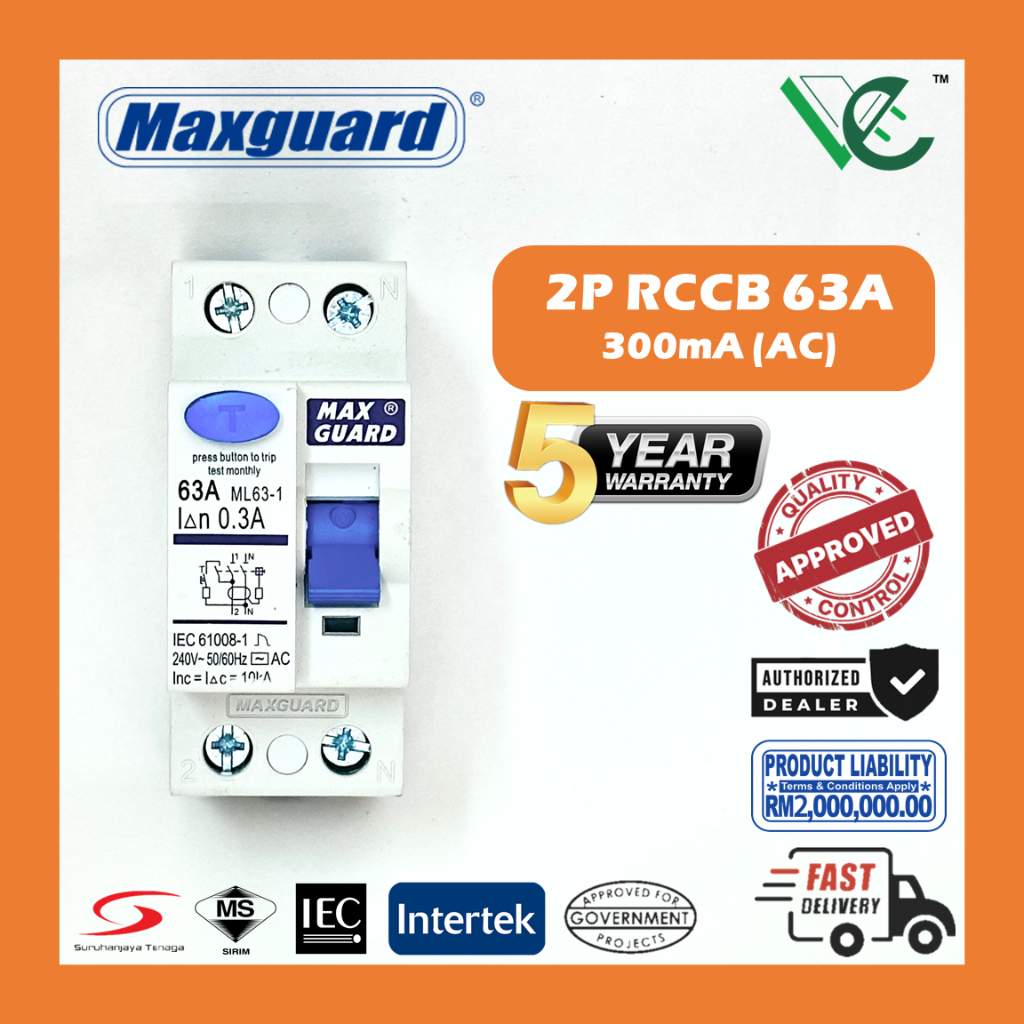 MAXGUARD 2 POLE 63A RCCB ML63-1 ELCB 30MA/ 300MA (SIRIM) | Shopee Malaysia