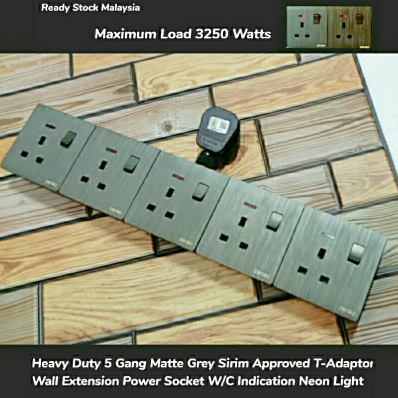 Heavy Duty 5 Gang Matte Grey T-Adaptor Wall Extension Plug Portable ...