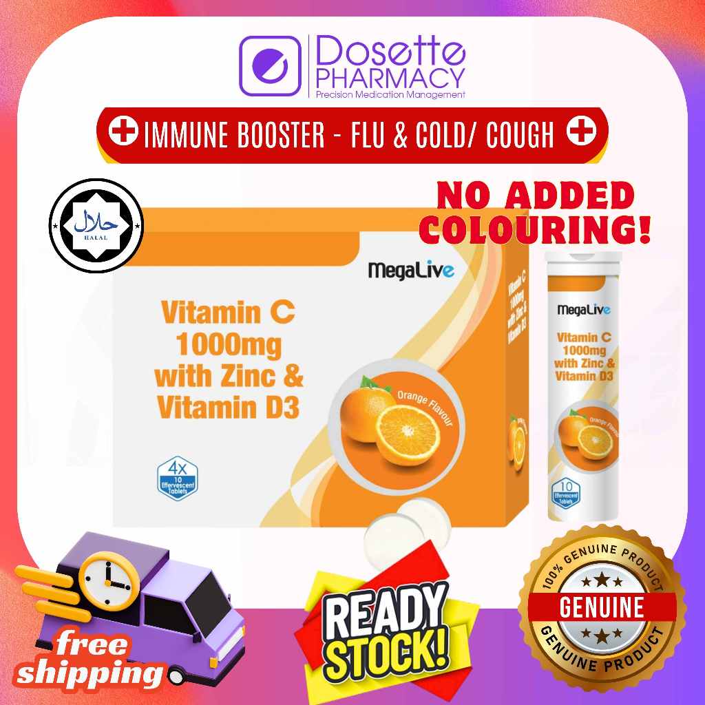 [EXP:09/25] MEGALIVE VITAMIN C 1000MG WITH ZINC & VITAMIN D3 EFFERVESCENT TABLET- NO ADDED ...