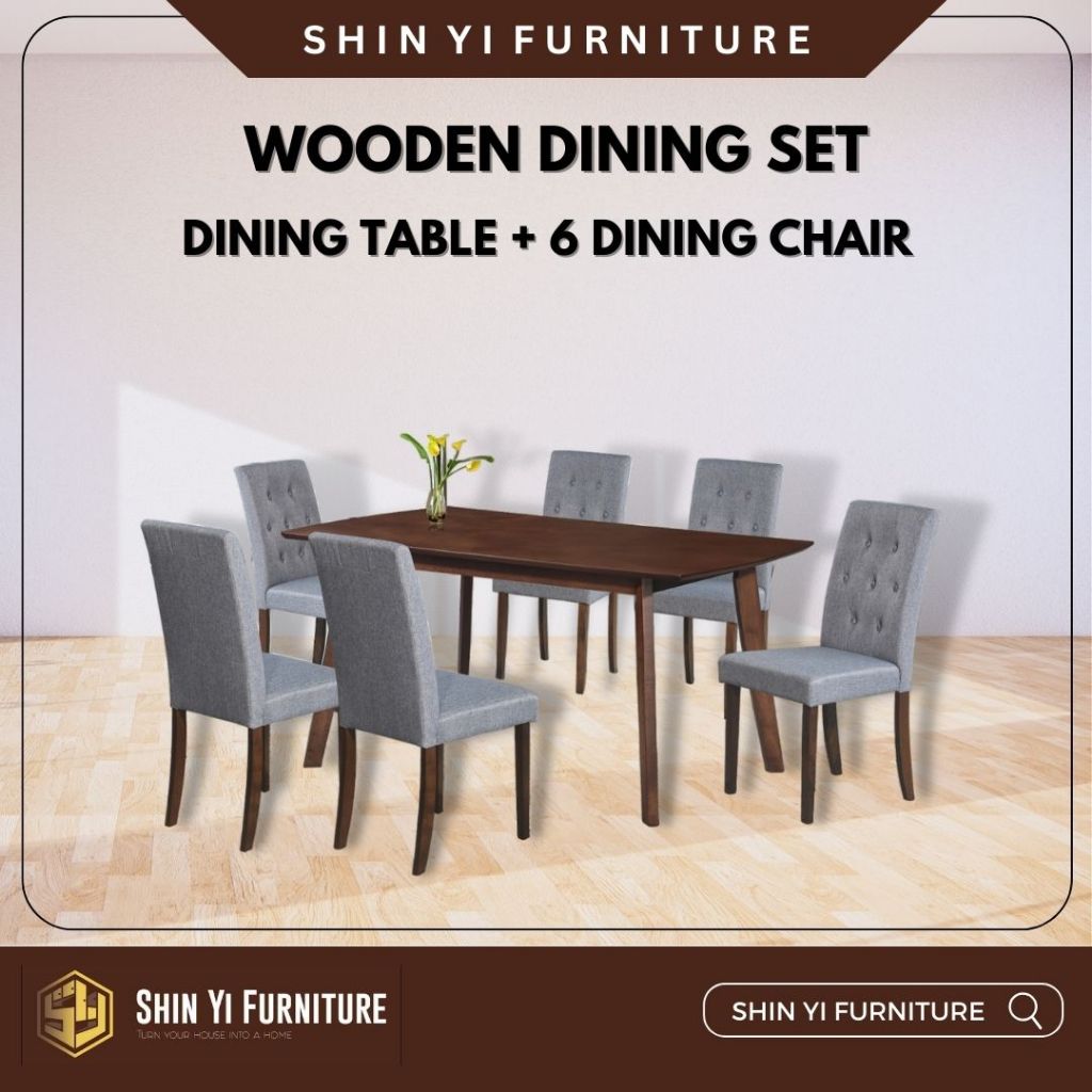 [SARAWAK] 5 Kaki Meja makan kayu 1 Table + 6 chairs / 5FT Wood Dining ...