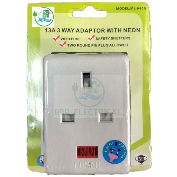 (SIRIM) 13A 3 WAY ADAPTOR FULL COPPER WITH SURGE PROTECOR & NEON LIGHT ...