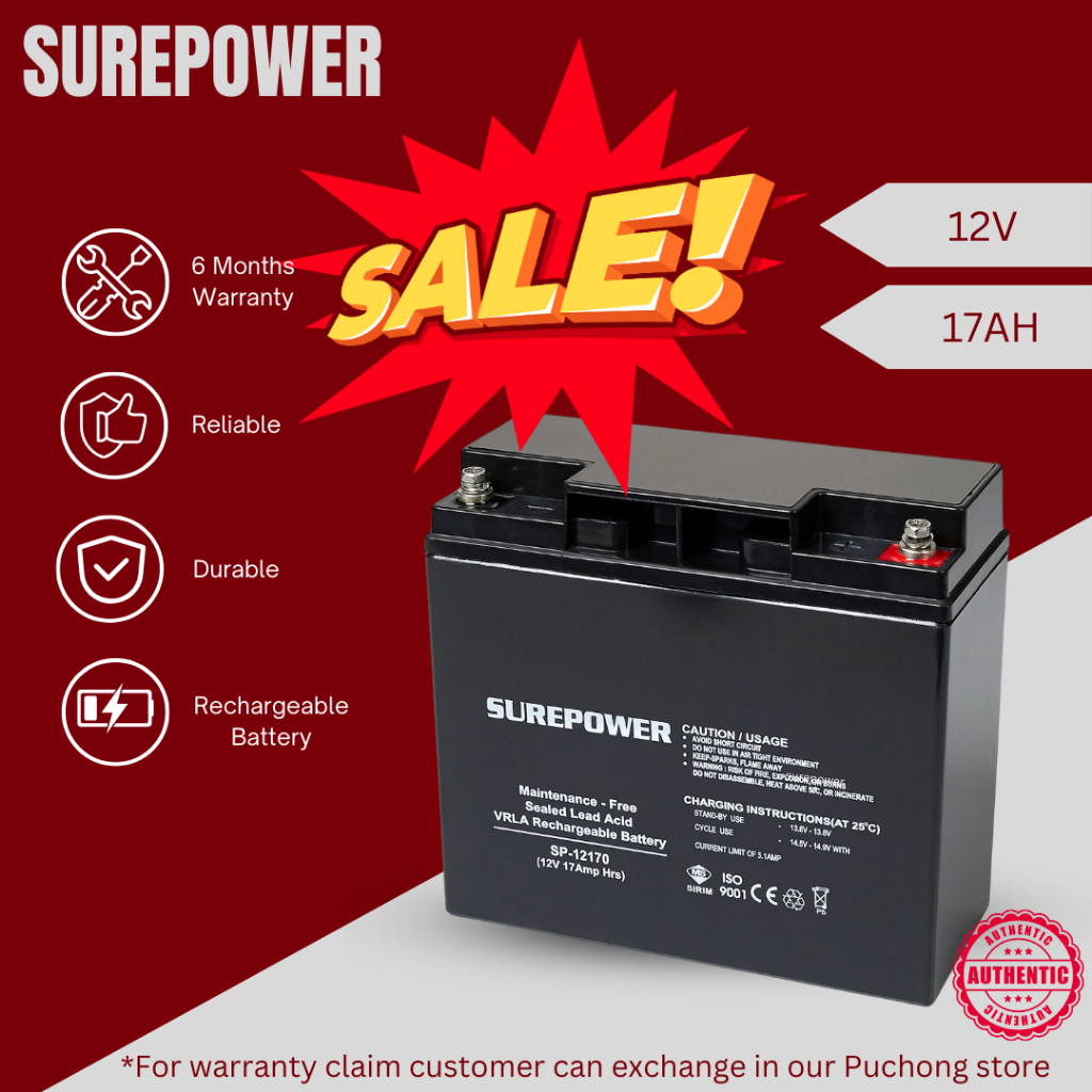 SUREPOWER Maintenance Free Sealed Lead Acid Battery (12V 17AH) Bateri ...