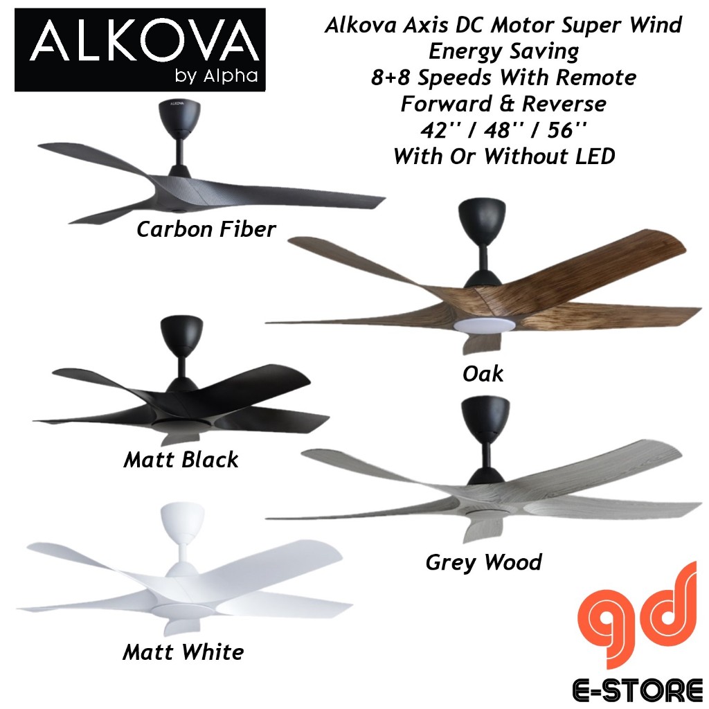 Alpha Alkova Axis Dc Motor 3 Blades 5 Blades LED Remote 8+8 Speeds 42'' 48'' 56'' Matt White ...