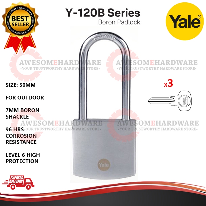 (LONG SHACKLE) YALE Y120B/50/163/1 50MM BORON STEEL HIGH SECURITY OUTDOOR LONG BRASS PADLOCK ...