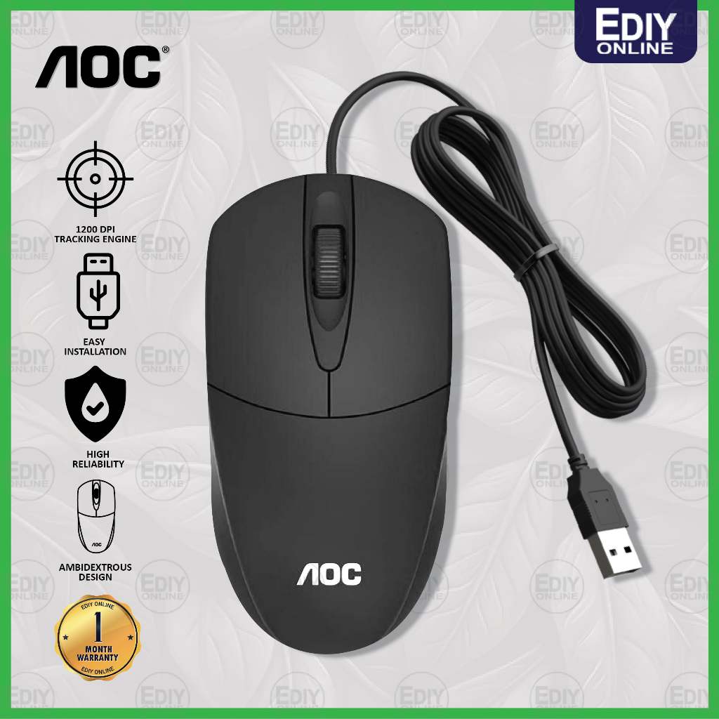 【NEW】 ORIGINAL WIRED AOC MS121 USB OPTICAL SENSOR GAMING MOUSE MICE WITH ERGONOMIC DESIGN RUBBER ...