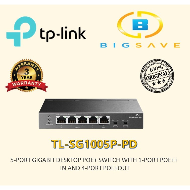 TP-LINK TL-SG1005P-PD 5-PORT GIGABIT DESKTOP POE+ SWITCH WITH 1-PORT POE++ IN AND 4-PORT POE+OUT ...