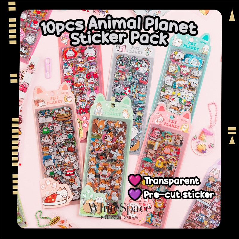 Whitespace 10pcs Cute Animal Planet Sticker Pack Transparent Waterproof ...