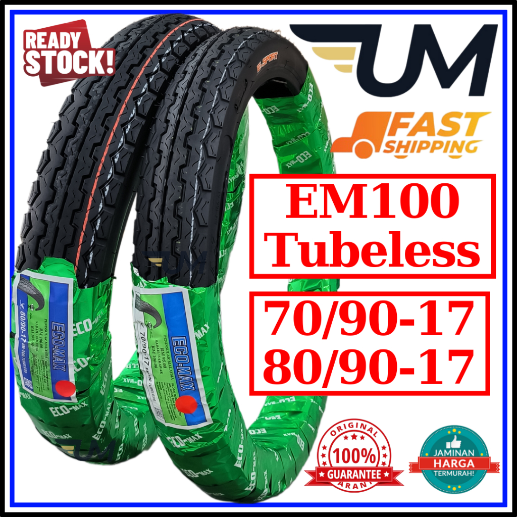ECO-MAX TAYAR EM100 TUBELESS 70/90-17 80/90-17 TYRE MOTOSIKAL TT100 ...