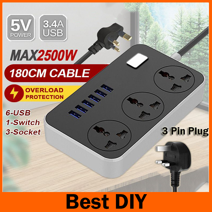 6 USB Port 3 Universal Power Strip Extension Plug Power Socket Electric ...