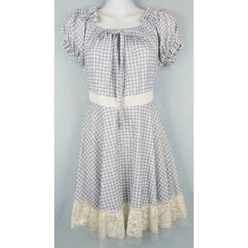 Preloved Cute Cottagecore Light Blue Checked Gingham Lace Dress ...