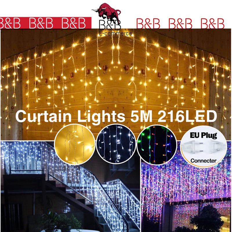 Ready Stock 5 Meter 216 LED Icicle Curtain String Lights Droop 40 60 cm Muharram Outdoor Eaves ...
