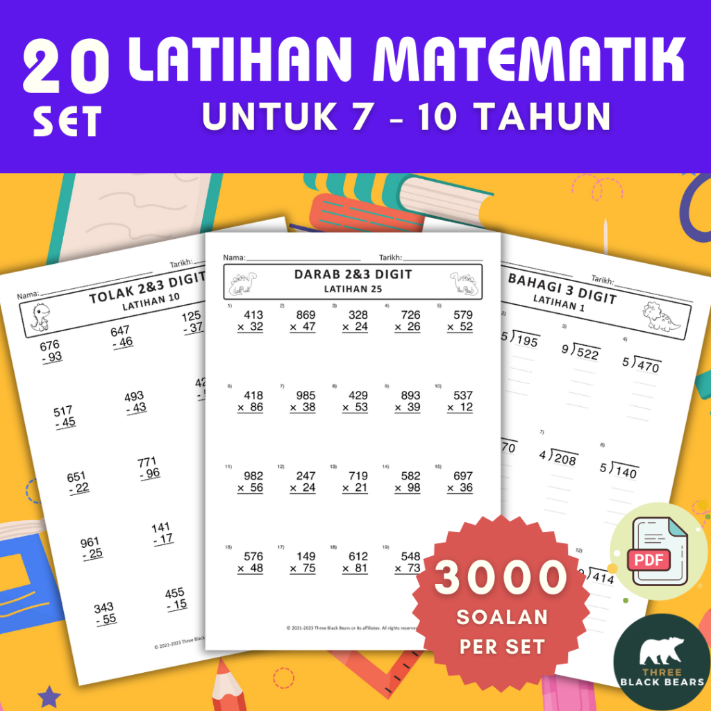 20 Sets Latihan Tubi Matematik Tahun 1-3 | [PDF] 3000 Soalan | Operasi ...
