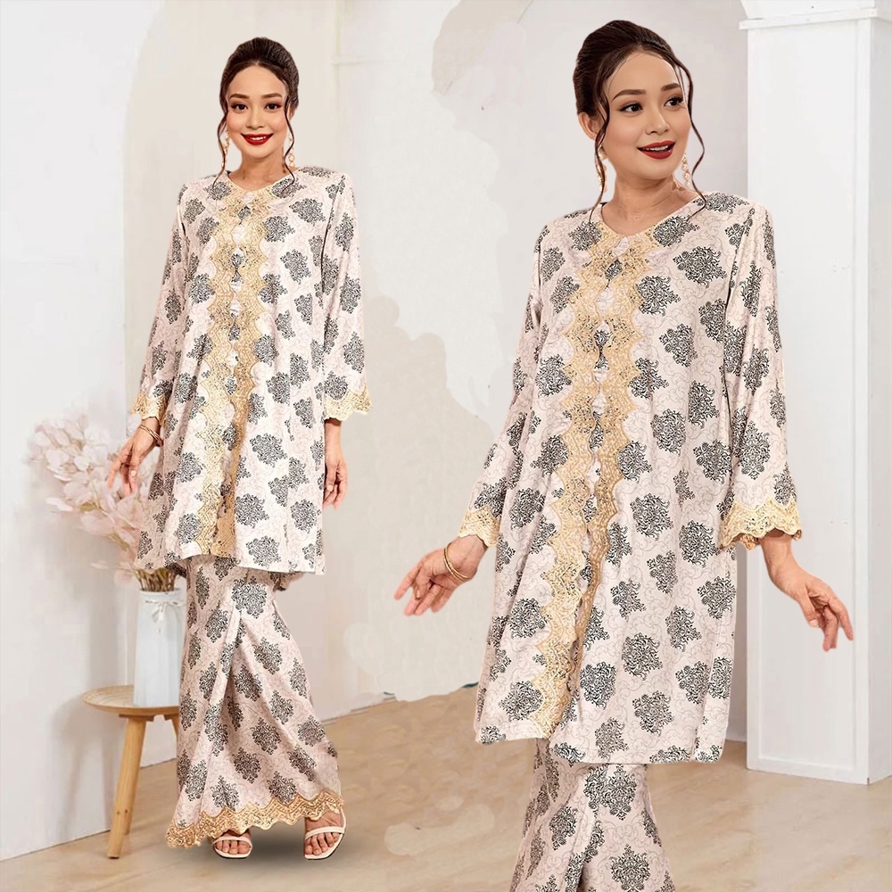 Sulam Lace Baju Kurung Moden Printed Pattern Premium Lace Kurung Loose ...
