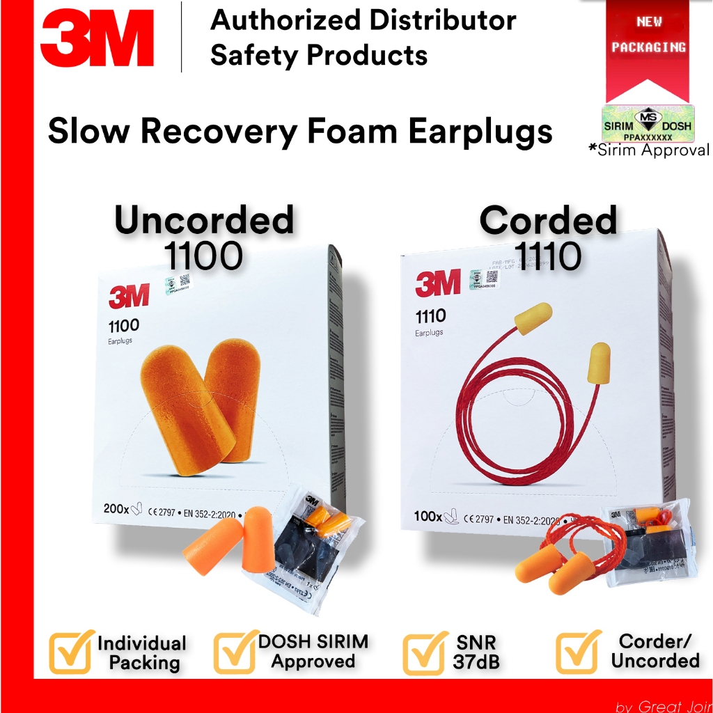 3M Earplug 1100 / 1110 Soft Foam Earplugs SNR 35 dB/ DOSH SIRIM Approved / Uncorded or Corded ...