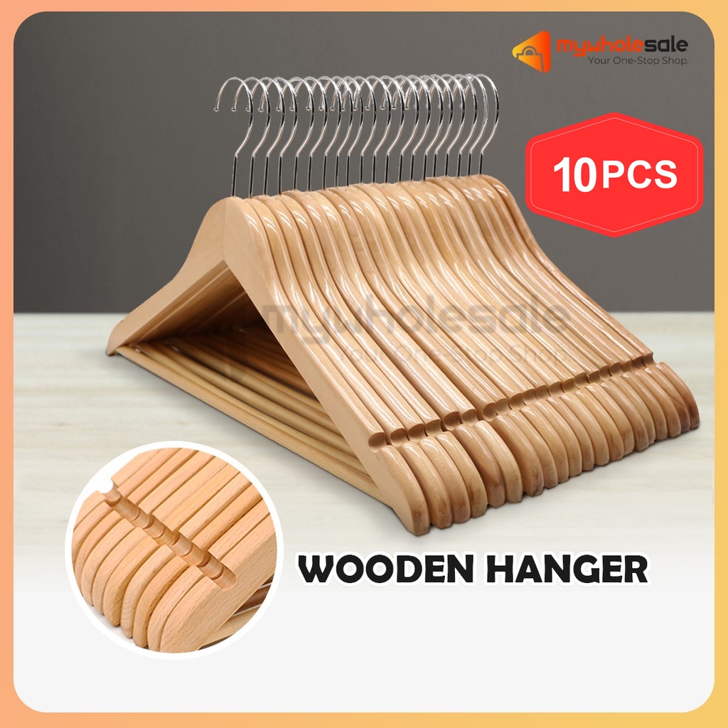 10 PCS High Quality Wooden Hanger Clothes Solid Hanger Penyangkut Baju ...