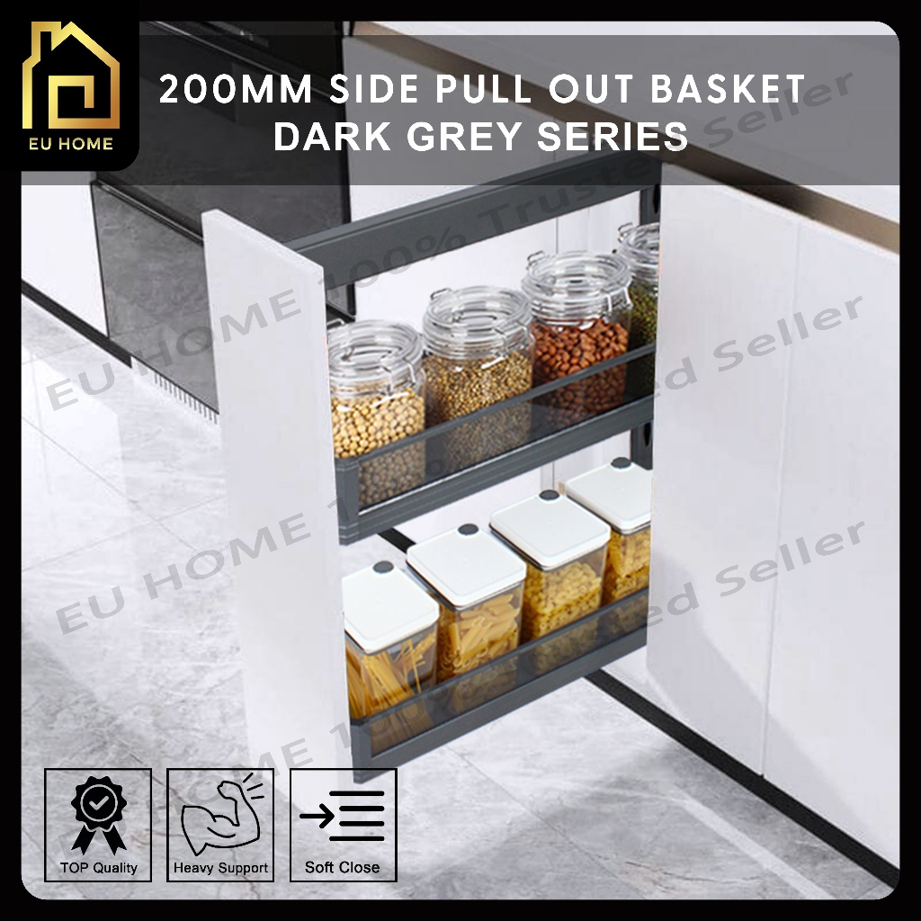200MM Kitchen Cabinet Side Pull Out Basket Dark Grey With Tempered Glass With Soft Closing ...
