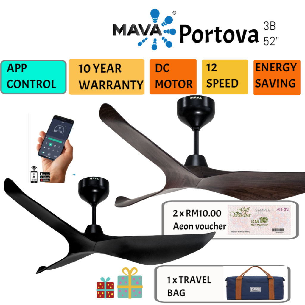 [LOCAL READYSTOCK] MAVA PORTOVA 52” 3Blade Remote Control Ceiling Fan ...