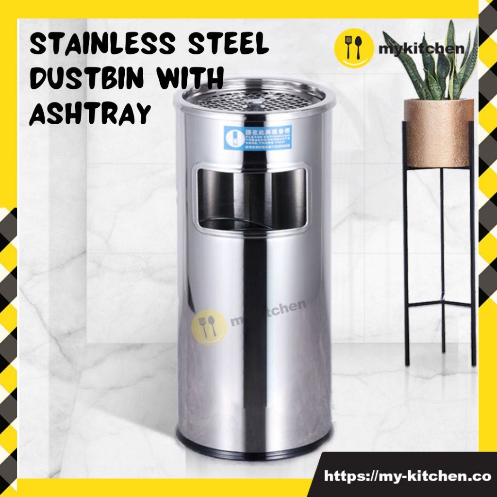 [MY KITCHEN] S/S Dustbin With Ashtray Round Large Commercial Trash ...