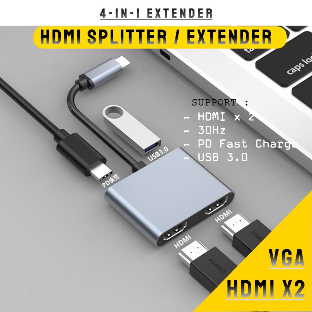 HDMI Extender Hub Splitter Dual Monitor VGA 2 IN 1 Switch USB Type C ...