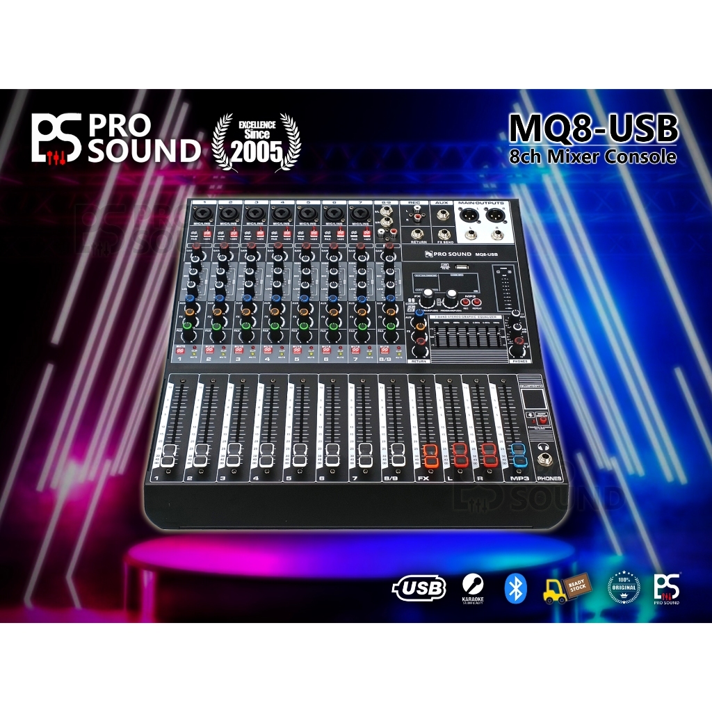 PS Pro Sound MQ8-USB 8 Channel Input Mixer Console 99DSP Effects, USB ...
