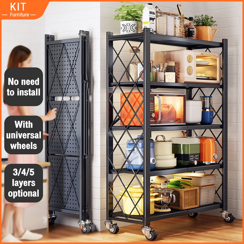 3/4/5 Tier Foldable Storage Rack w/ Wheel Rak Dapur Kitchen Rack ...