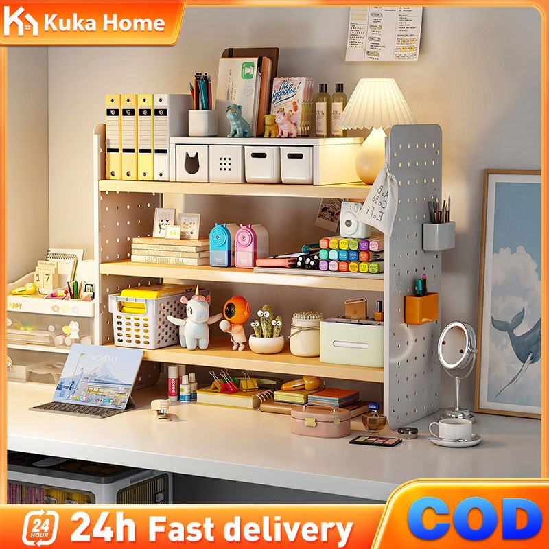 Desktop Storage Rack Home Office Bookshelf Rak Buku Hole Board Student ...
