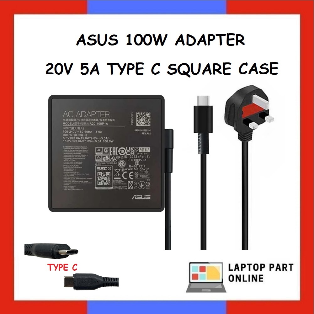 ASUS 100W ADAPTER 20V 5A TYPE C SQUARE CASE ASUS ROG Flow X13 Z13 GV301 ...
