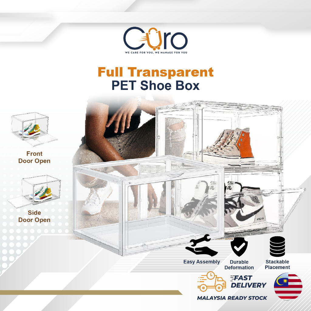 CURO Full Transparent PET Shoe Box Front & Side Opening Magnetic ...