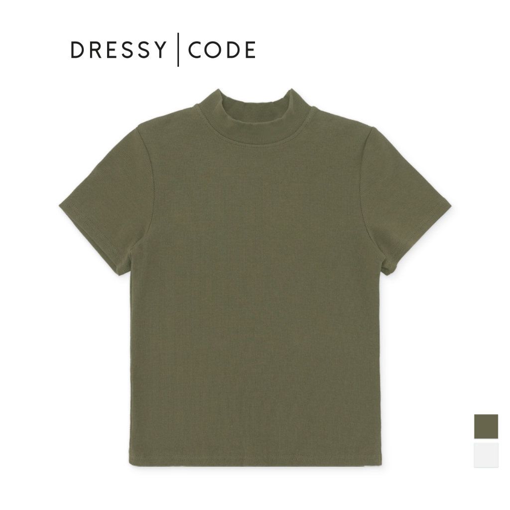 Dressy Code High Neck Comfy Short Sleeve Knit Top Army Green White
