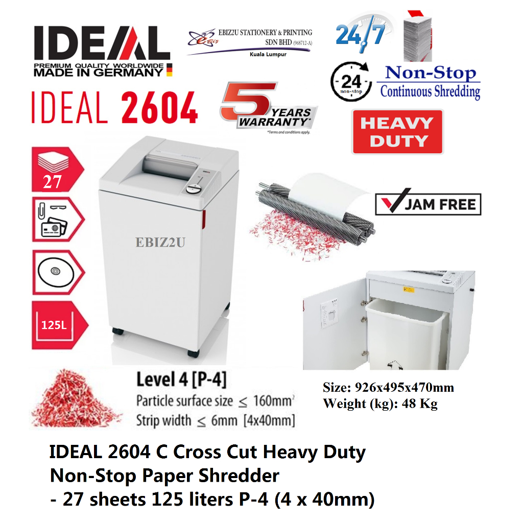 IDEAL 2604 C 4 x 40mm Cross Cut Heavy Duty Non-Stop Paper Shredder - 27 sheets 125 liters 2604C ...