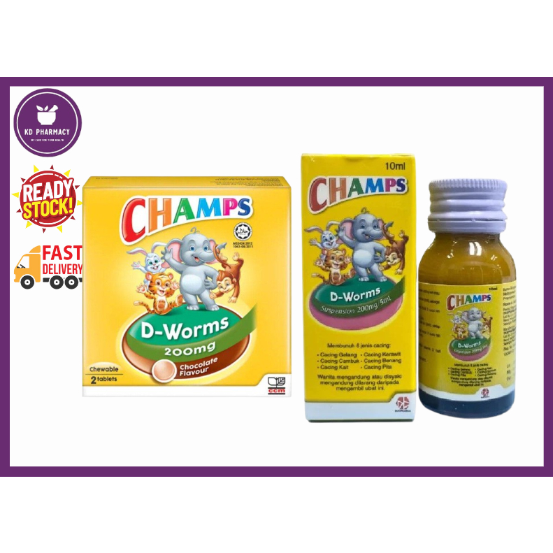 Champs D Worms 200mg 2 tabs / suspension 10ml / ubat cacing kunyah ...