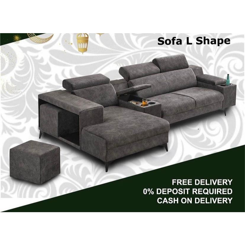 (BEST SELLER) Sofa Velvet L Shape 3 Seater 9Feet With 4 Cup Holder and Easy Clean Fabric ...