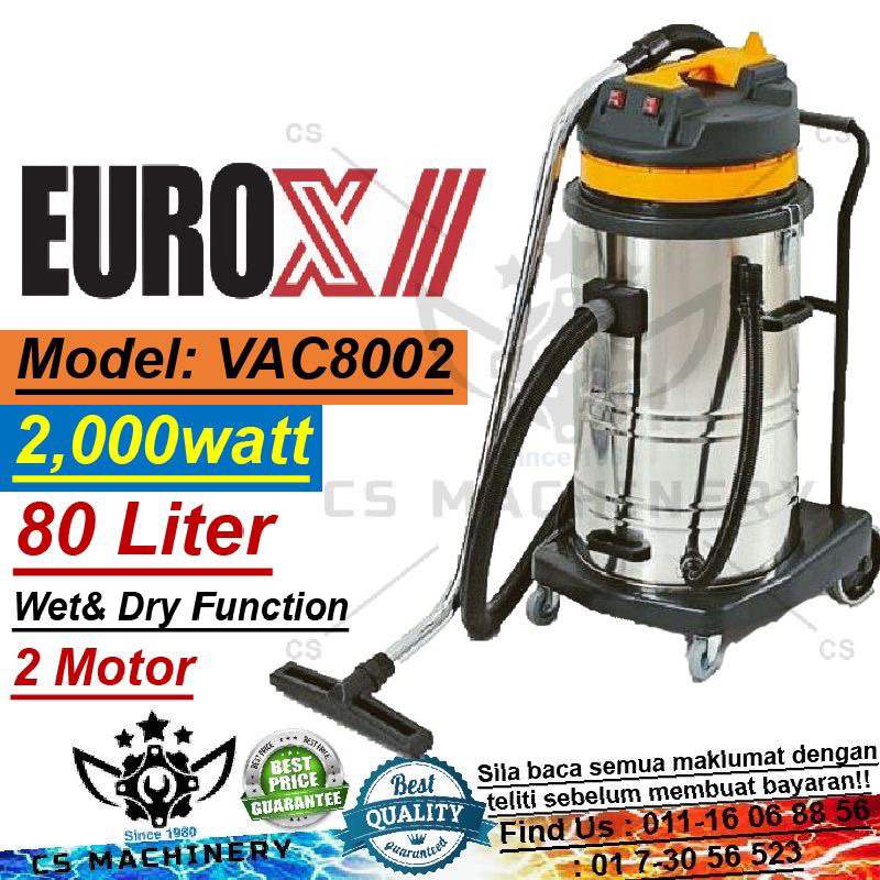 EuroPower VAC8002 Industrial Wet & Dry Stainless Steel Vacuum 80L 2000w / 2 motor euro power ...